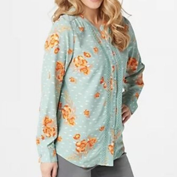 Denim&Co | Tops | Denim Co Stretch Woven Yneck Blouse W Lace Trim ...